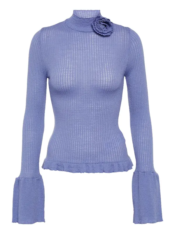 Blumarine Ruffle-trimmed Ribbed Wool Sweater - Blue