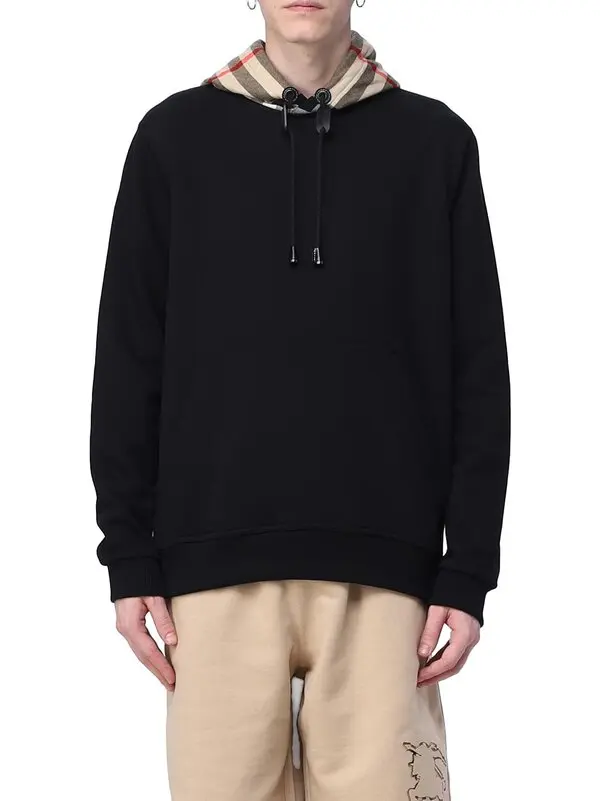 Burberry Cotton Hooded Sweatshirt With Check Motif - Black