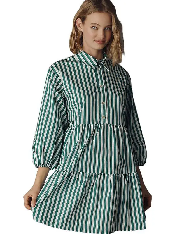 Maeve The Bettina Tiered Mini Shirt Dress - Green Stripe