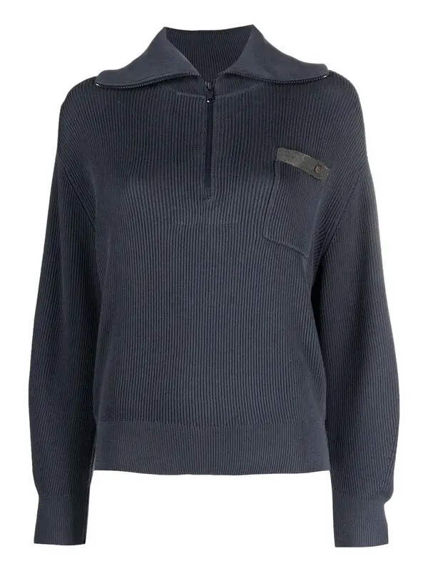 Brunello Cucinelli Monili-embellished Half-zip Jumper - Blue