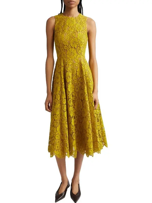 Michael Kors Floral Lace Fit & Flare Midi Dress - Moss
