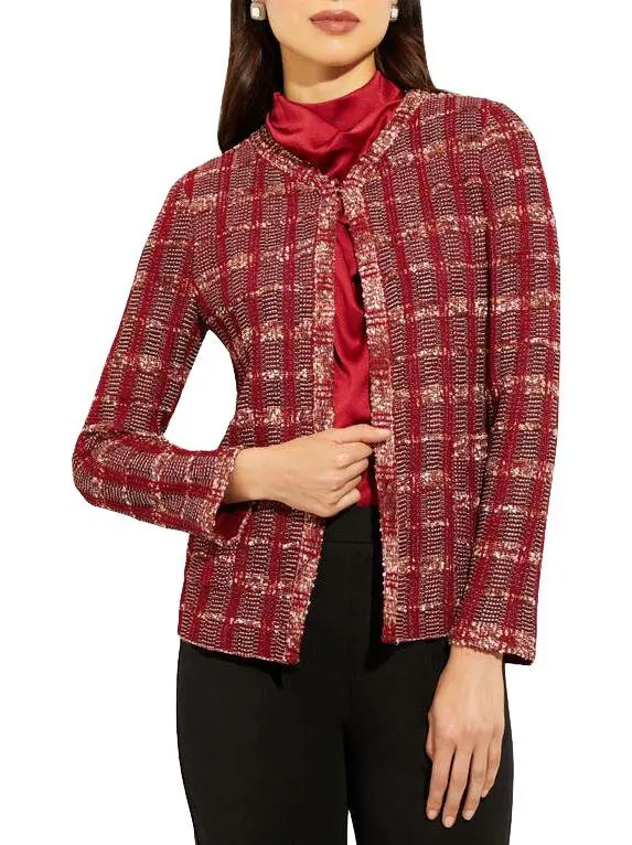 Misook Eyelash Tweed Knit Plaid Jacket - Scarlet Red/mahogany/multi
