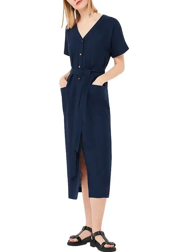 Whistles Linen Belted Midi Dress - Navy