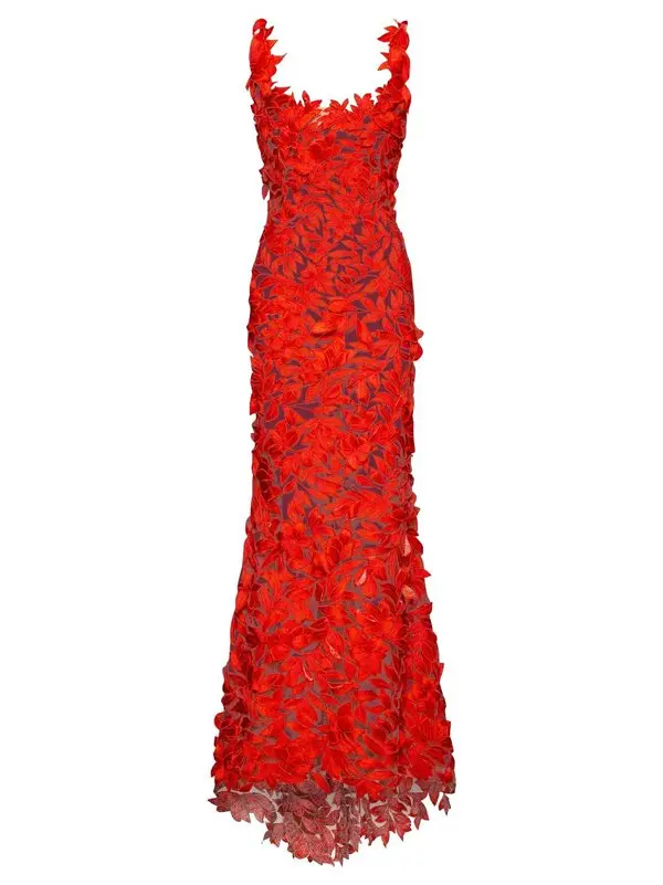 Oscar De La Renta Floral Threadwork Off-shoulder Gown - Orange