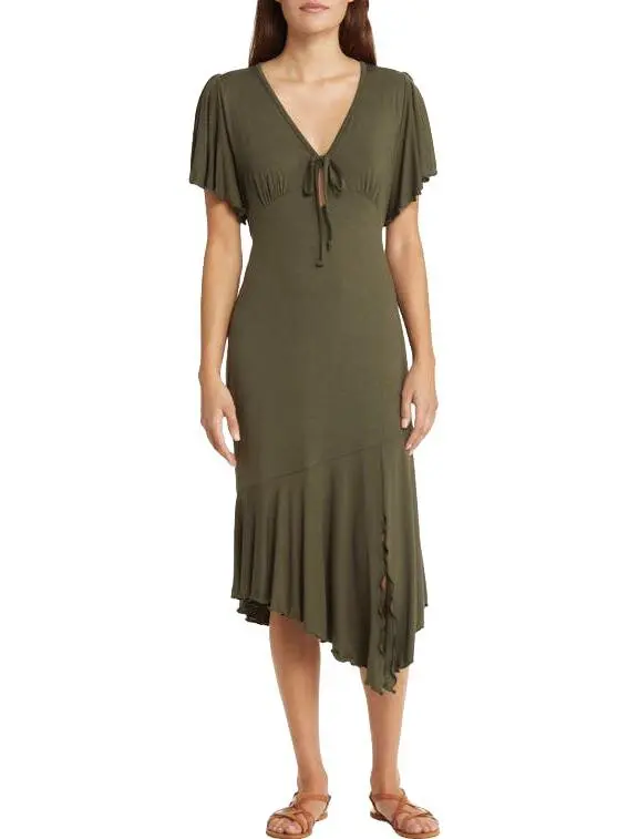 Loveappella Flouncy Tie-front Asymmetric Hem Sheath Dress - Olive