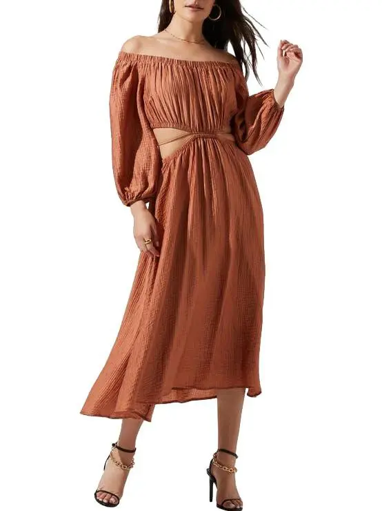 Astr The Label Cassian Off-the-shoulder Midi Dress - Warm Brown