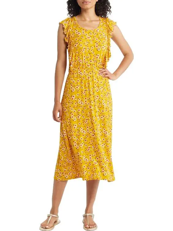 Loveappella Floral Print Flutter Sleeve Dress - Sunflower
