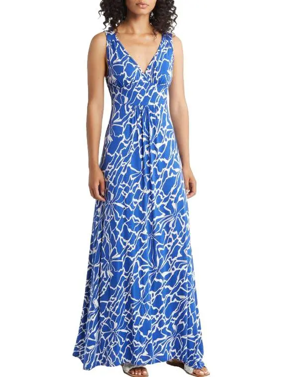 Loveappella Empire Waist Printed Maxi Dress - Electric Blue