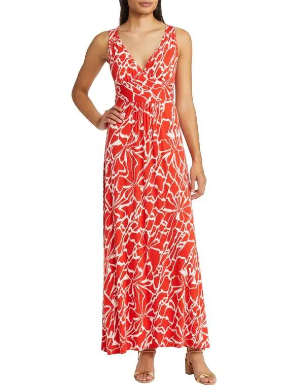 Loveappella Empire Waist Printed Maxi Dress - Spicy Orange