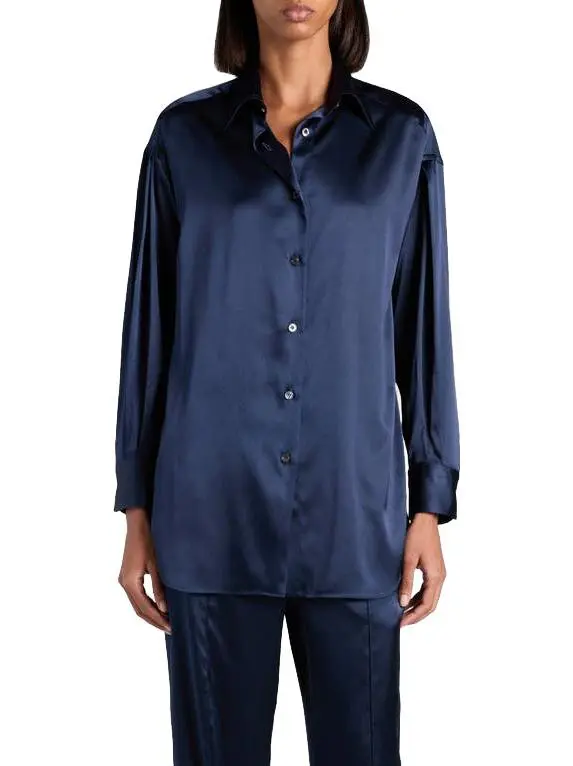 TOM FORD Relaxed Fit Stretch Silk Satin Blouse - Hb840 Dark Navy
