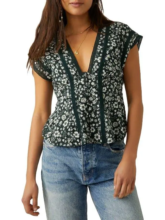 Free People Landy Print Lace Top - New Black Combo