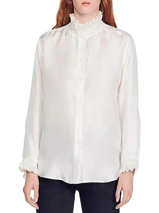Sandro Haby Ruffled Trim Silk Shirt - Ecru