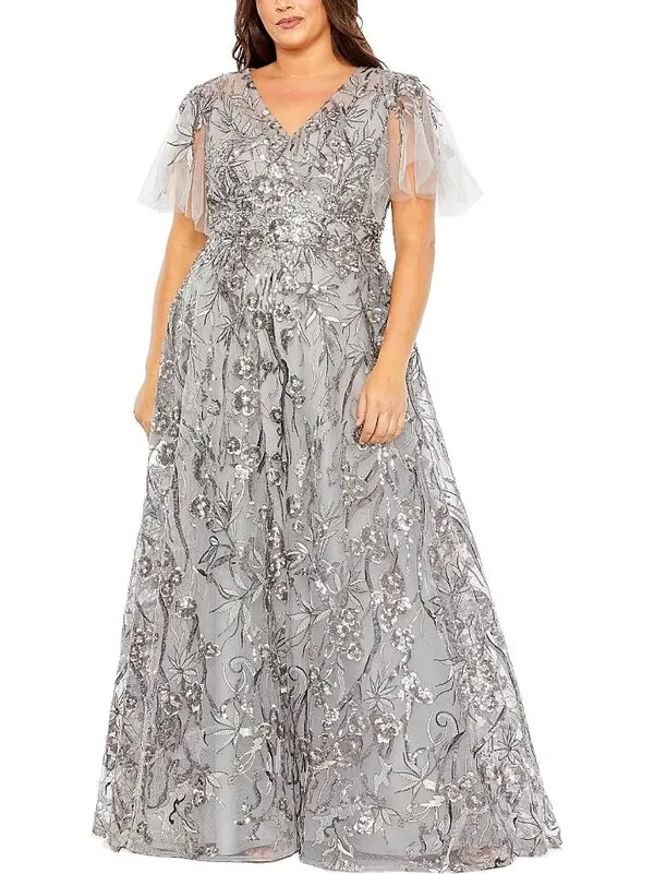 Mac Duggal High Neck Flutter Sleeve Embroidered A-line Gown - Grey
