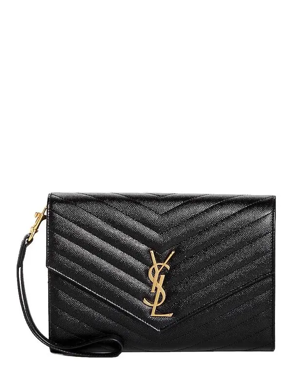 Saint Laurent Cassandre Matelasse Flap Pouch - Black Grain Leather/gold