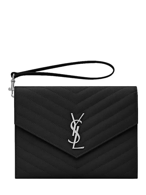 Saint Laurent Cassandre Matelasse Flap Pouch - Black Grain Leather/silver