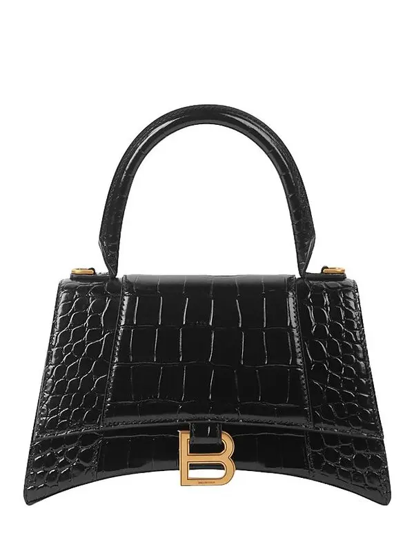 Balenciaga Hourglass Handbag Crocodile Embossed - Black Croc/gold