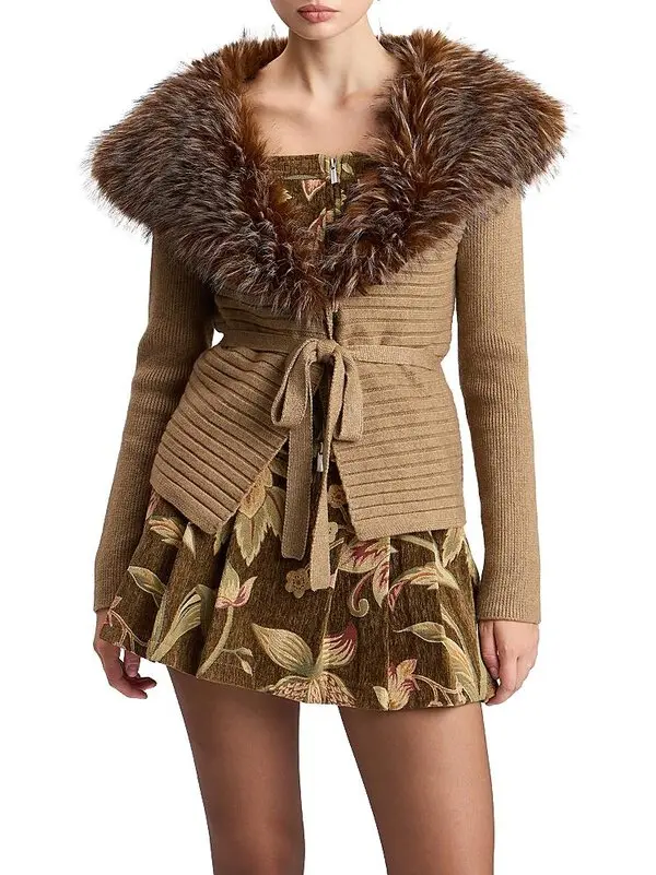Avec Les Filles Faux Fur Collar Tie Cardigan Sweater - Camel