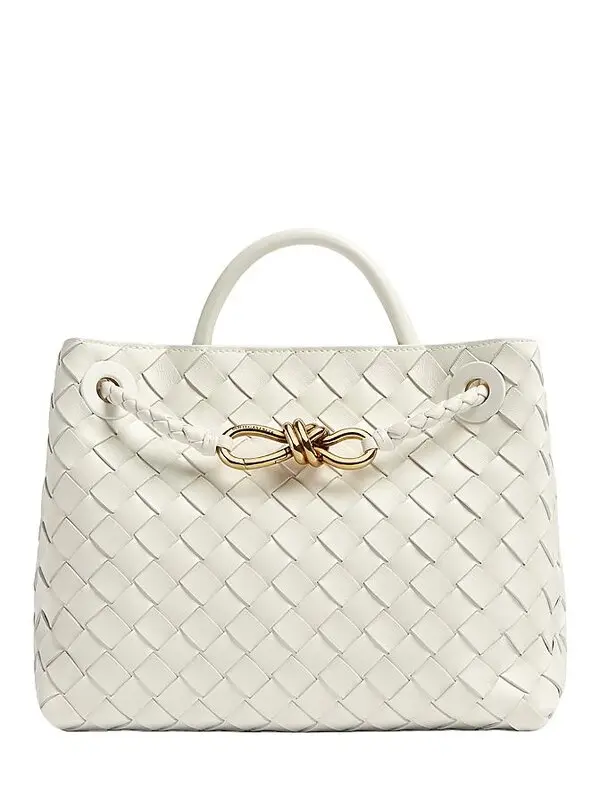 Bottega Veneta Andiamo Intrecciato Leather Top Handle Bag - White