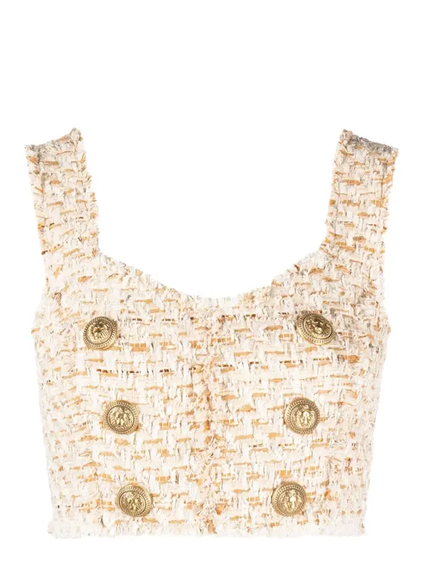 Balmain Button-embellished Tweed Cropped Top - White