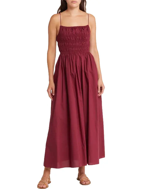 Moon River Smocked Tie Back Midi Dress - Burgundy