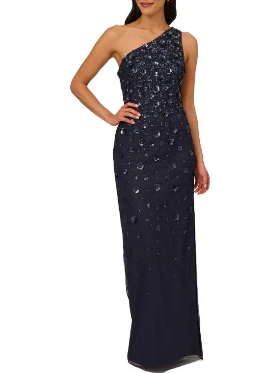 Adrianna Papell 3d Beaded & Sequin One-shoulder Gown - Dusty Navy