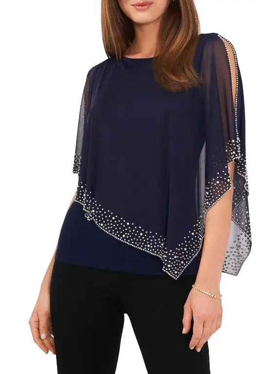 Chaus Imitation Pearl Embellished Cape Top - Navy