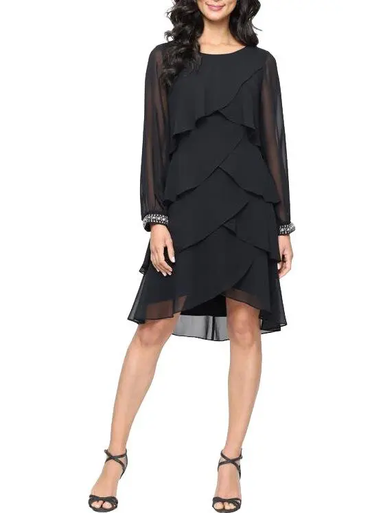 SL FASHIONS Long Sleeve Tiered Dress - Black