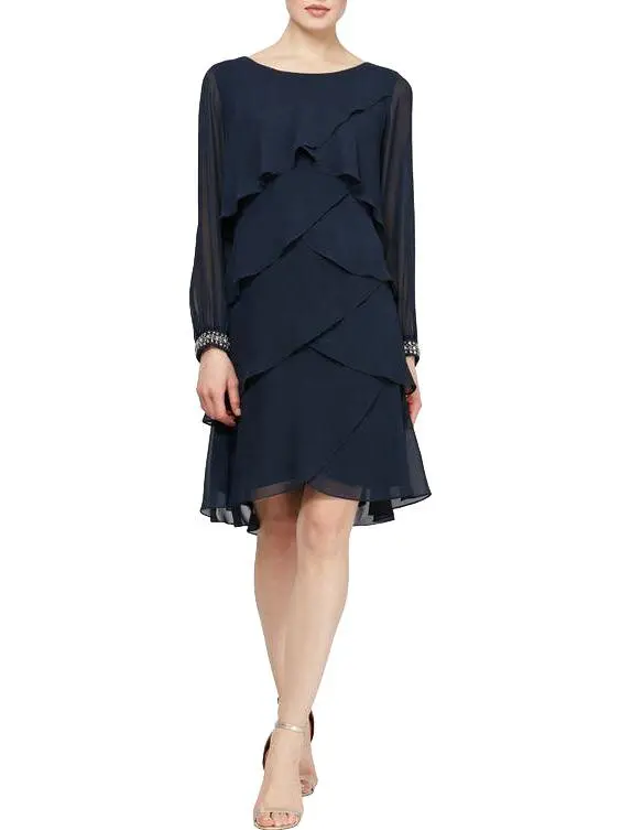 SL FASHIONS Long Sleeve Tiered Dress - Deep Navy