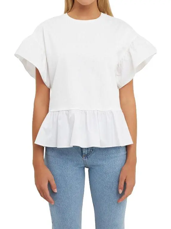 English Factory Mixed Media Flutter Sleeve Peplum Top - White