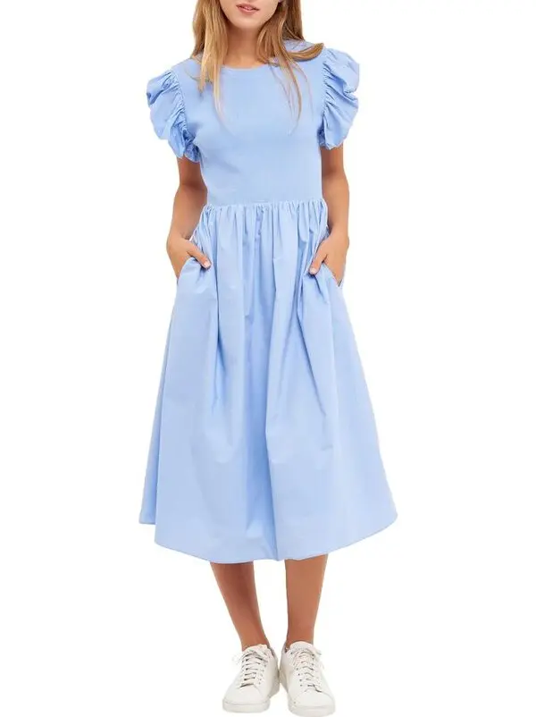 English Factory Puff Sleeve Mixed Media Midi Dress - Powder Blue