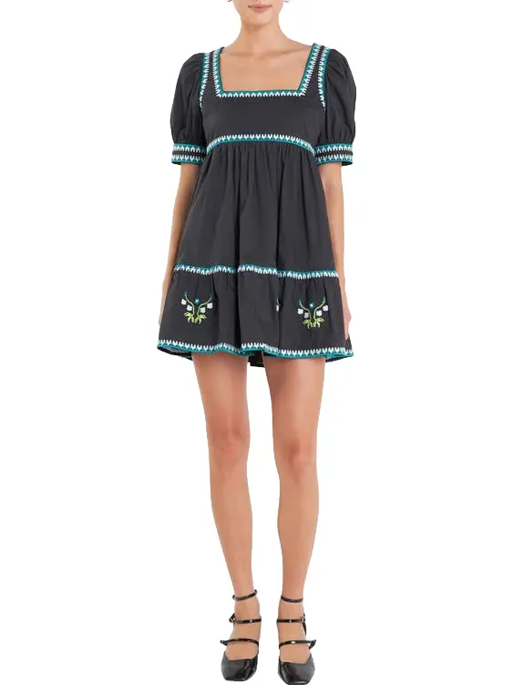 English Factory Embroidered Cotton Babydoll Dress - Black Multi