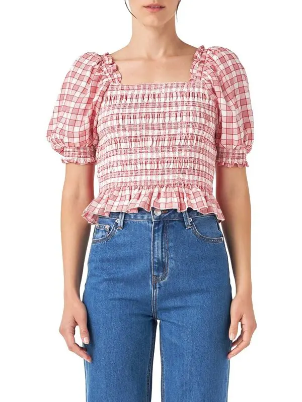 English Factory Check Smocked Top With Bow Detail - Red