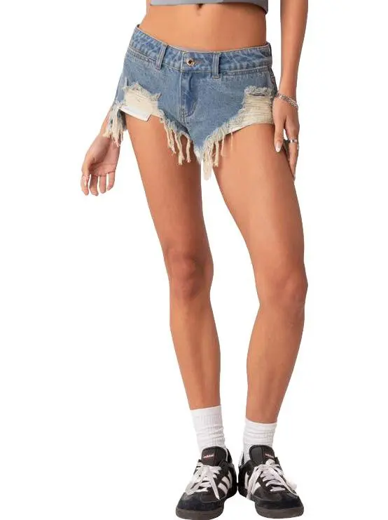 EDIKTED Low Rise Denim Shorts - Blue