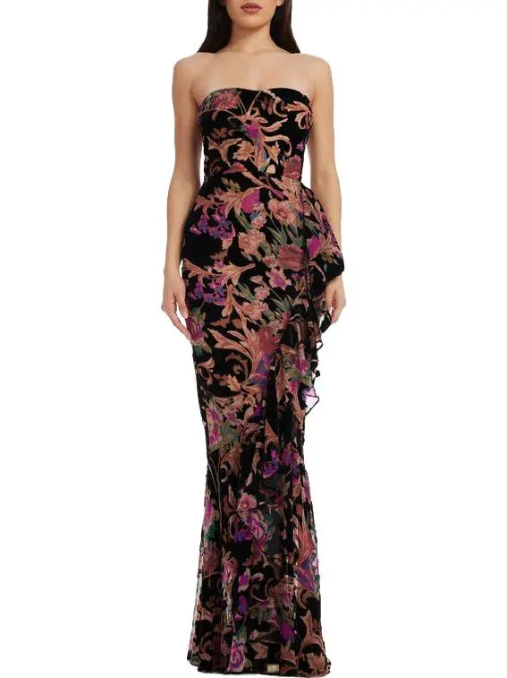 Dress The Population Paris Ruffle Strapless Gown - Black Multi