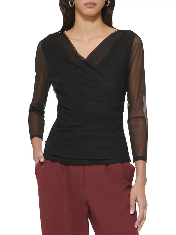 Dkny Surplice Mesh Top - Black