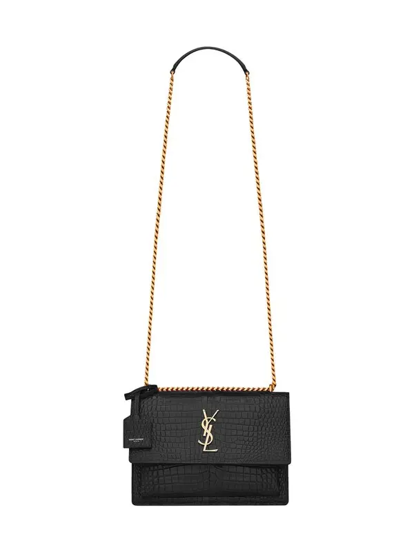 Saint Laurent Sunset Croc-embossed Shoulder Bag - Black