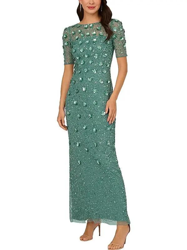 Adrianna Papell Beaded 3d Floral Gown - Greenslate