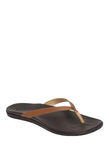 Olukai Ho Opio Leather Flip Flop - Sahara/dark Java Leather