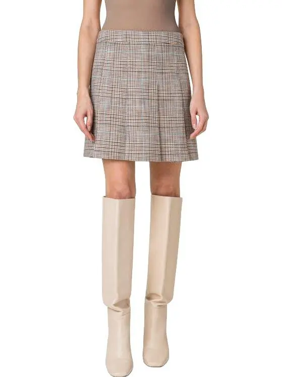 Akris Pleated Glen Plaid Skirt - 039 Beige-multicolor