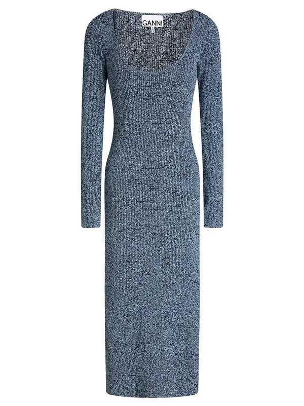 GANNI Mélange Ribbed-knit Midi Dress - Light Blue