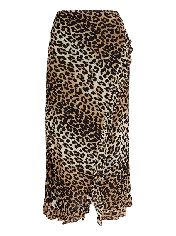 GANNI Ruffled Leopard-print Mesh Midi Wrap Skirt - Animal Print