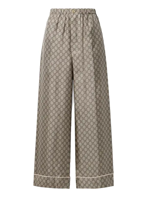 Gucci Cropped Silk-satin Jacquard Wide-leg Pants - Brown