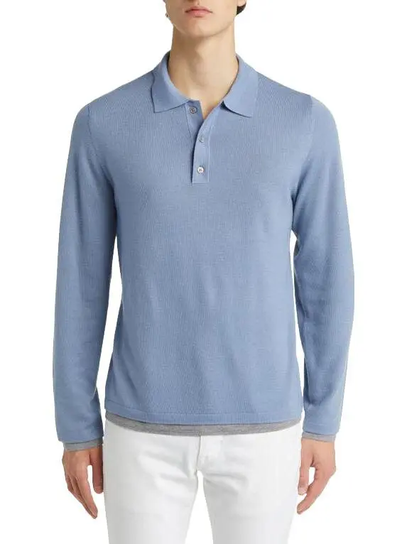 Vince Long Sleeve Merino Wool Polo Sweater - Pacific Blue/heather Grey