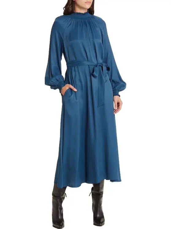 Nordstrom Smocked Neck Satin Dress - Blue Ceramic