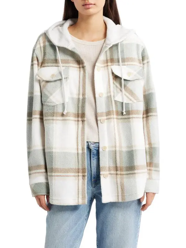THREAD & SUPPLY Hooded Fleece Shacket - Sage Combo Plaid