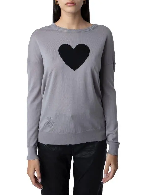 Zadig&Voltaire Gaby Intarsia Heart Wool Crewneck Sweater - Gris Chine