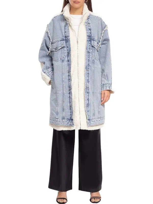 Blanknyc Longline Denim & Faux Shearling Trucker Jacket - Walking On Clouds
