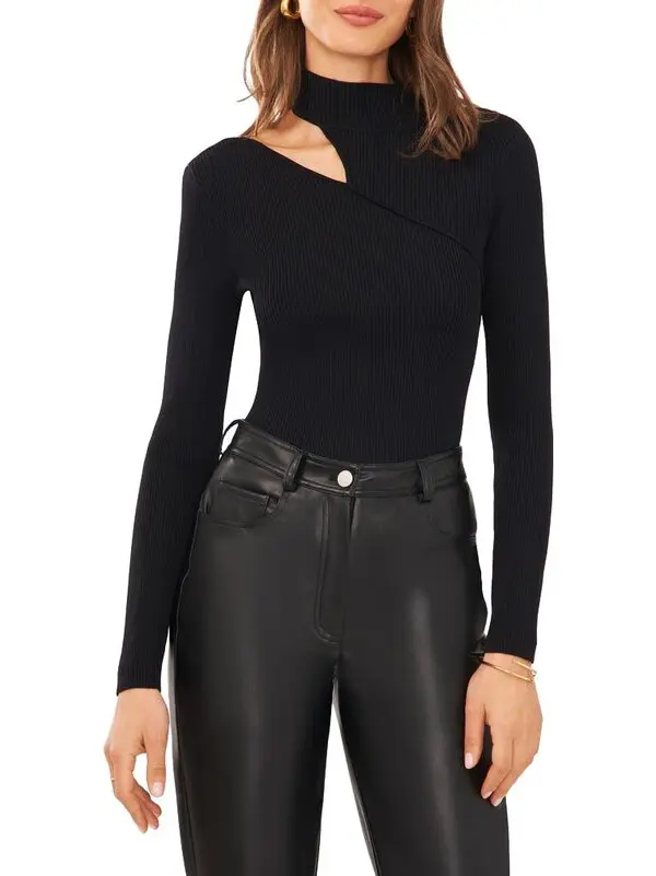 Halogen Shoulder Cutout Rib Mock Neck Sweater - Rich Black