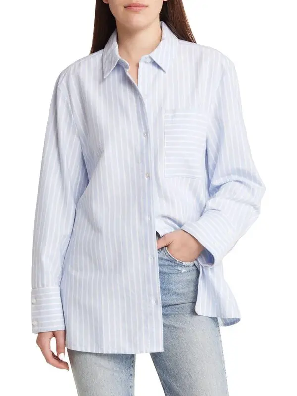 Treasure & Bond Oversize Stripe Poplin Button-up Shirt - Blue- White Stripe