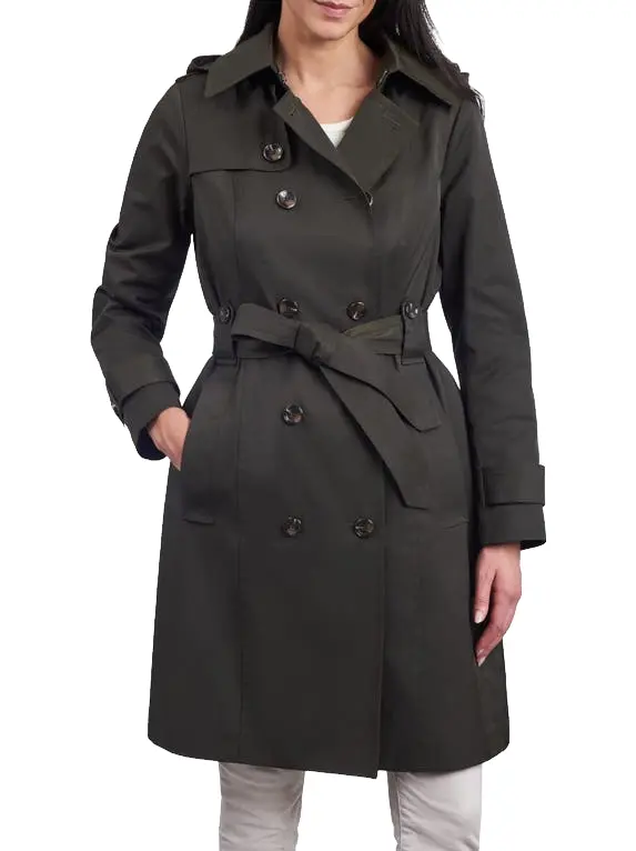 London Fog Belted Trench Coat With Removable Hood - Olive